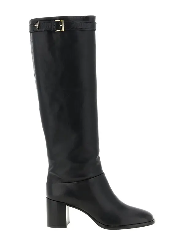 Prada Calfskin Knee-high Boots With Buckle And Logo Detail - Black