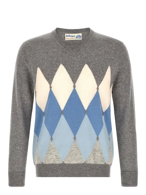 BALLANTYNE Classic Diamond Intarsia V-neck Sweater - Gray