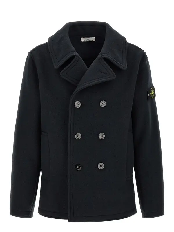 Stone Island Double-breasted Cotton Coat With Logo Badge - Blue