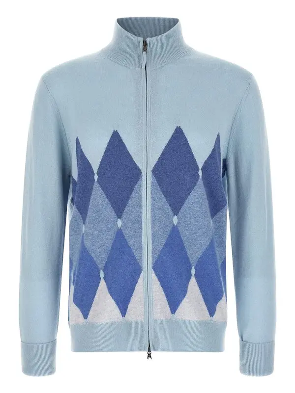 BALLANTYNE Classic Diamond Intarsia Zip Cardigan - Light Blue