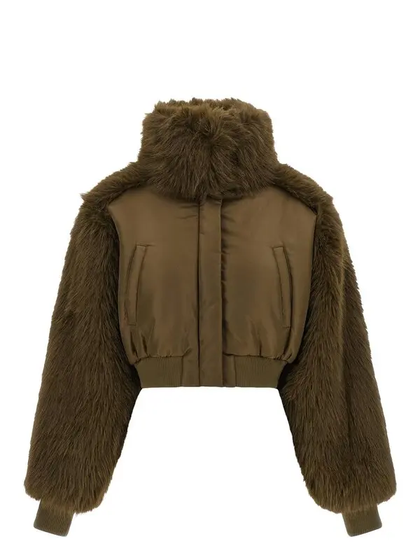 Pinko Cropped Bomber Jacket With Faux Fur Accents - Green