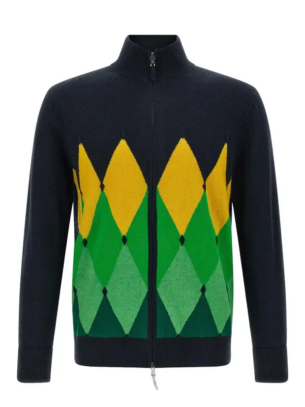 BALLANTYNE Classic Diamond Intarsia Zip Cardigan - Blue
