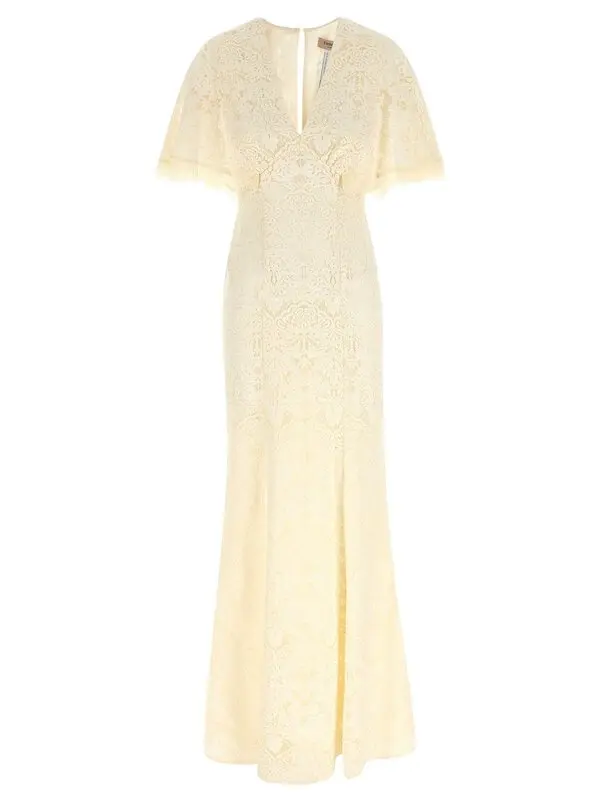 Twin-set Lace Maxi Dress With Ruffled Sleeves - White