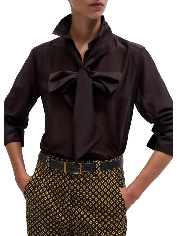 ME+EM Silk Cotton Cloud Shirt With Front Tie Detail - Chocolate