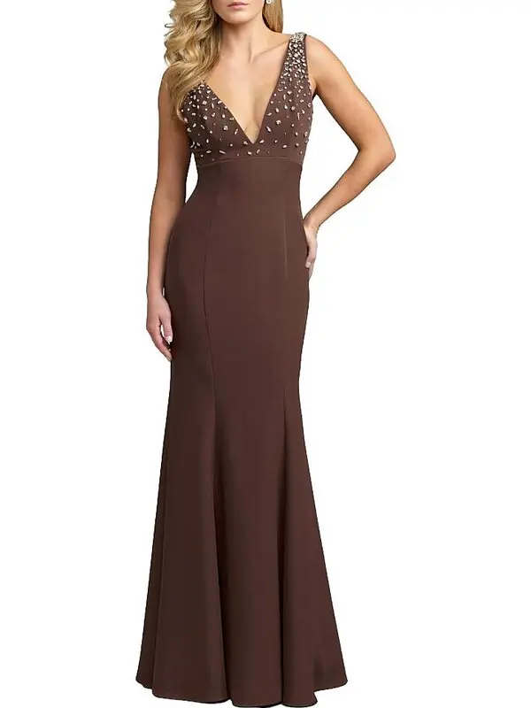 Mac Duggal Embellished Crepe Sleeveless V-neck Gown - Chocolate
