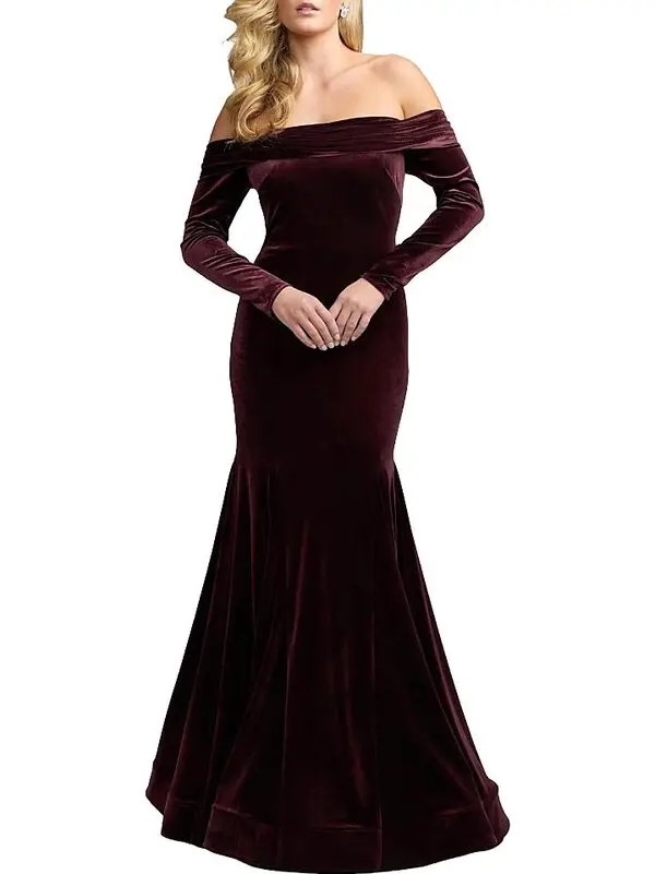Mac Duggal Velvet Off-the-shoulder Long Sleeve Mermaid Gown - Wine