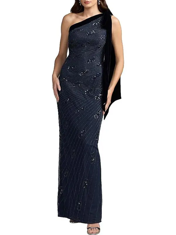 Mac Duggal Embellished One Shoulder Gown With Velvet Bow - Midnight