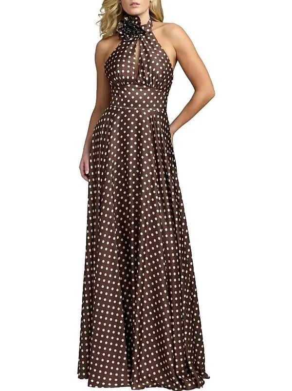 Mac Duggal Polka Dot Halter Gown With Rosette Detail - Chocolate Multi