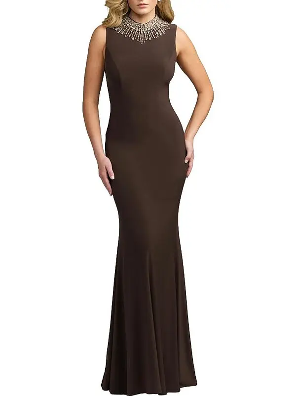 Mac Duggal Sleeveless Rhinestone Embellished High Neck Gown - Chocolate