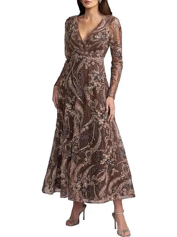 Mac Duggal Embroidered V-neck Midi Dress - Chocolate