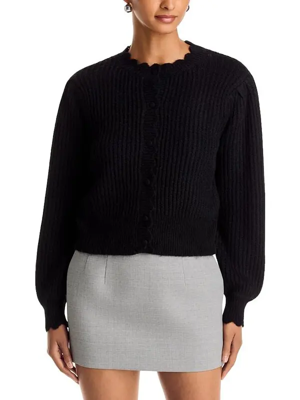 Aqua Trudy Scalloped Ribbed Cardigan - Black