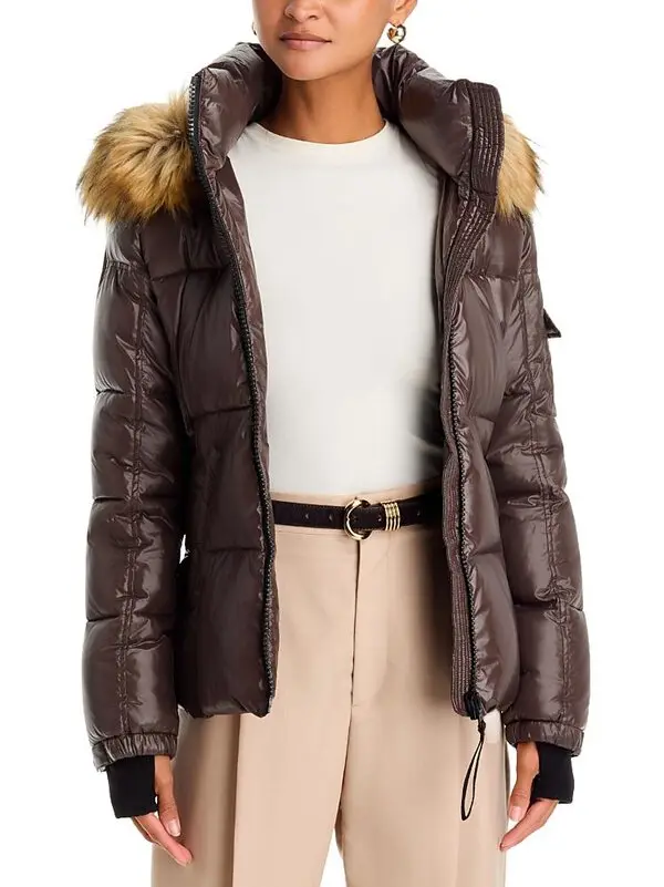Aqua Gloss Faux Fur Trim Hooded Puffer Coat - Espresso/natural