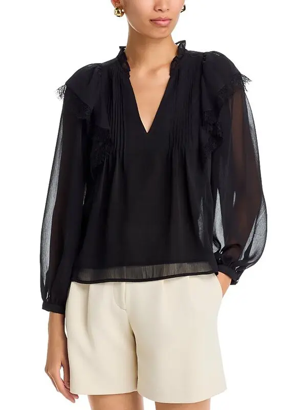 Aqua Lace Trim Split Neck Blouse - Black