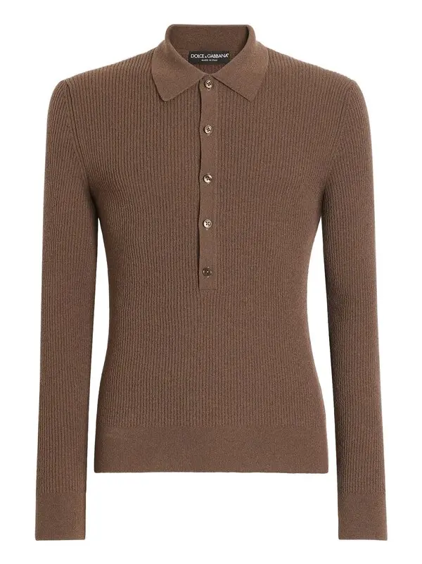 Dolce & Gabbana Ribbed Wool Polo Shirt - Brown