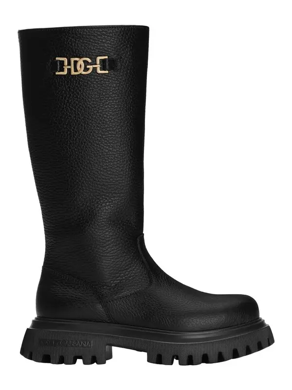 Dolce & Gabbana Calfskin Knee High Boots With Gold Tone Logo Detail - Black