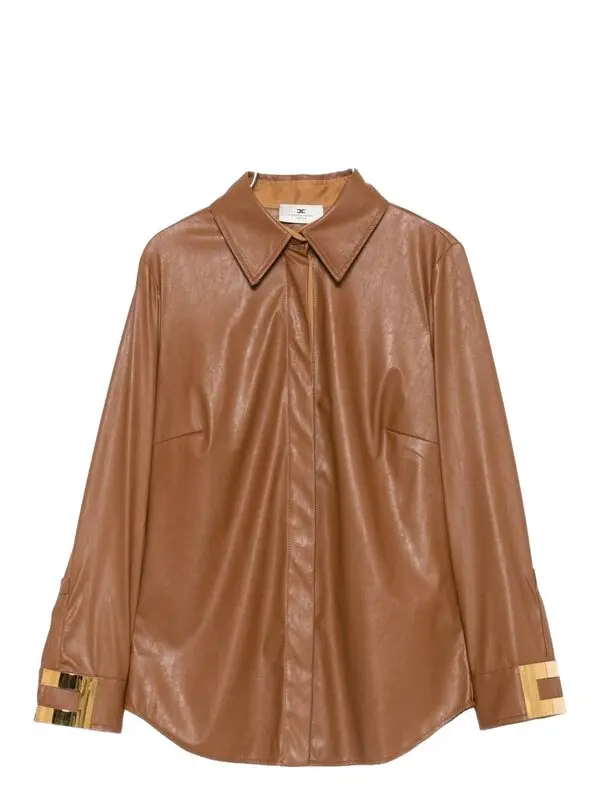 Elisabetta Franchi Faux-leather Shirt With Gold-tone Logo Plaque - Brown