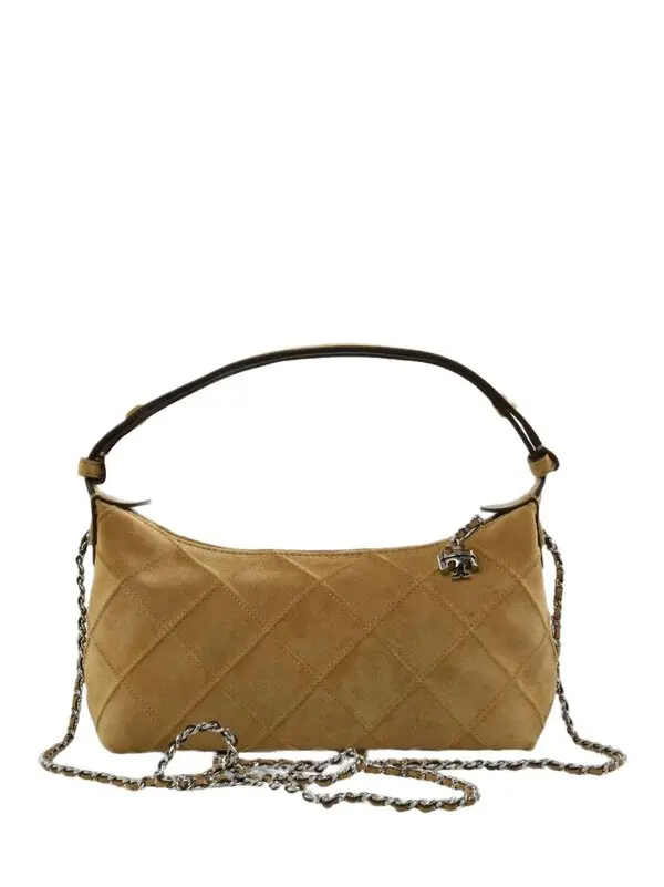 Tory Burch Fleming Suede Shoulder Bag With Silver-tone Logo Charm - Grey