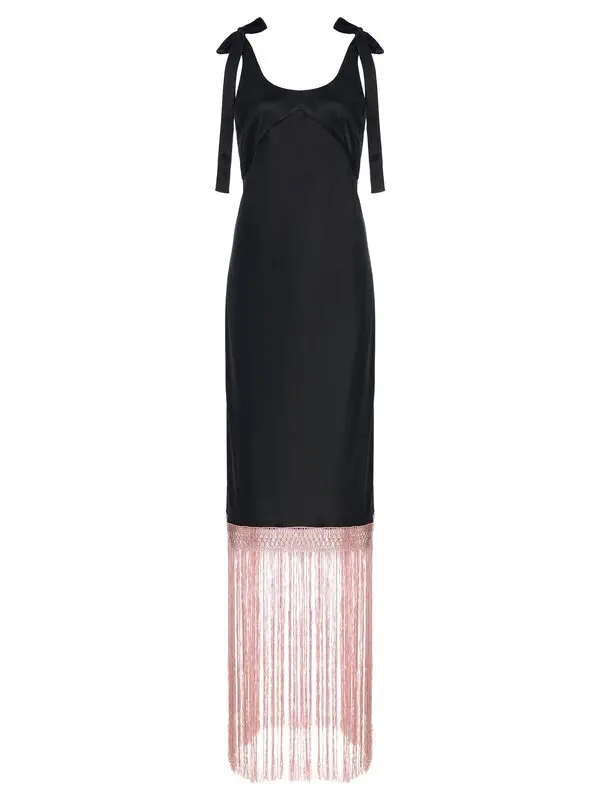 Alejandra Alonso Rojas Crepe Midi Dress With Dusty Pink Fringe - Black
