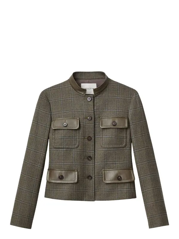 Lafayette 148 New York Glen Plaid Wool Cropped Jacket With Leather Trim - Olive