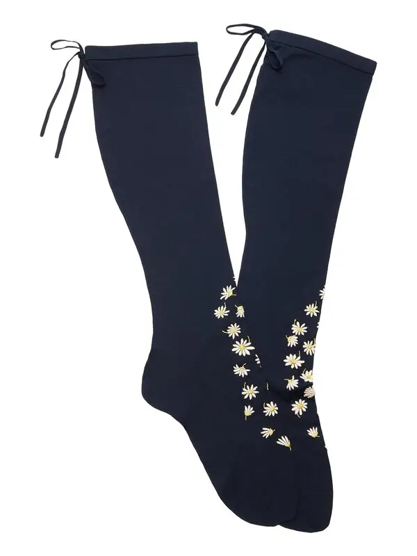 Prada Embroidered Daisy Knee-high Socks With Bow Detail - Navy