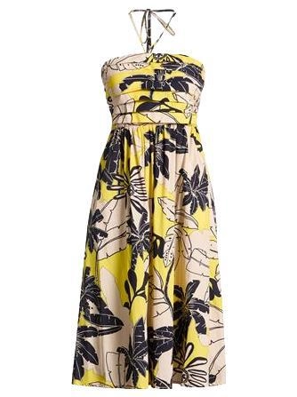 TWINSET Halterneck Tropical Print Midi Dress - Yellow