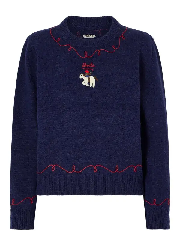 BODE Embroidered Alpaca And Merino Wool Blend Sweater - Navy