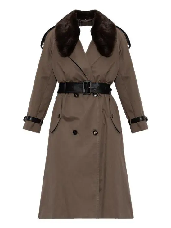 Burberry Long Cotton Trench Coat With Buffalo Leather Collar - Brown