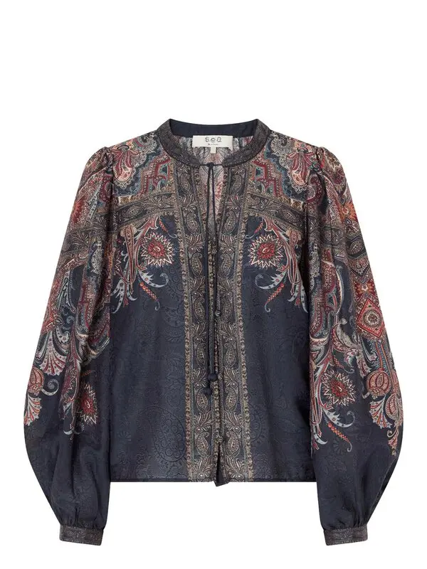 Sea Hyacinth Tie-detailed Printed Chiffon Blouse - Blue