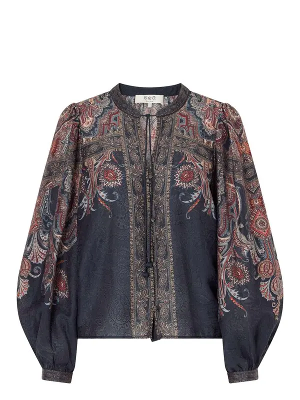 Sea Hyacinth Tie-detailed Printed Chiffon Blouse - Navy