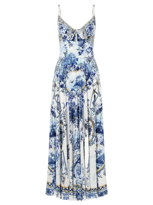 Camilla Porcelain Parlour Crystal-embellished Printed Silk Maxi Dress - Blue