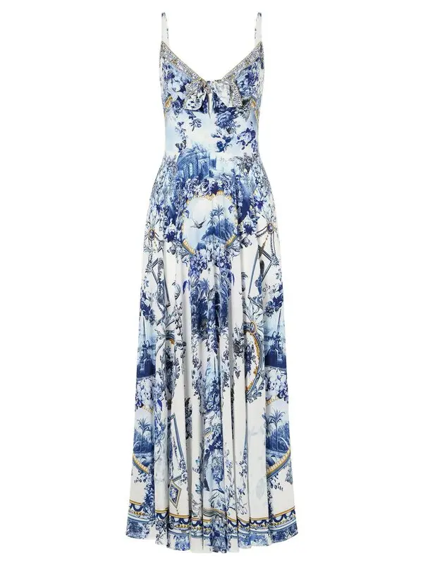 Camilla Porcelain Parlour Crystal-embellished Printed Silk Maxi Dress - Blue