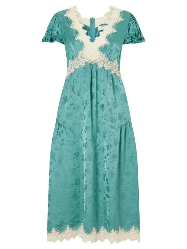 Sea Shay Gathered Lace-trimmed Floral-jacquard Midi Dress - Blue