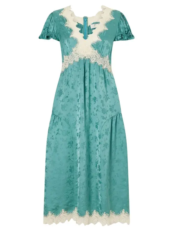 Sea Shay Gathered Lace-trimmed Floral-jacquard Midi Dress - Turquoise