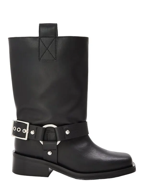 GANNI Mid-calf Biker Boots With Buckle Detail - Black