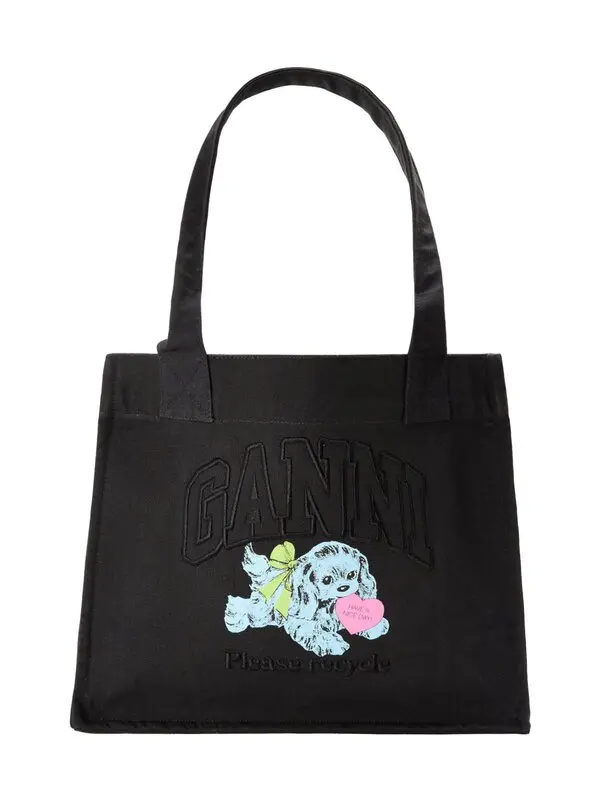 GANNI Shopper Tote Bag With Graphic Print - Black