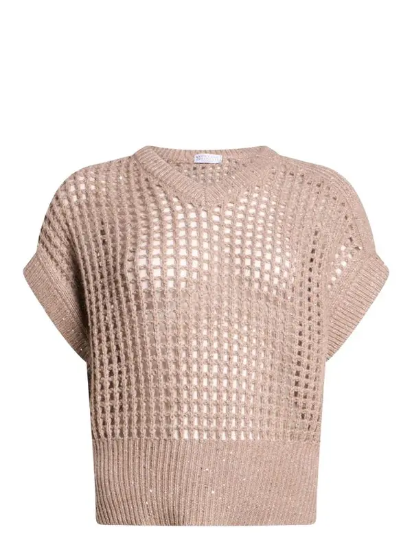 Brunello Cucinelli Sleeveless V-neck Knit Top With Sequins - Khaki