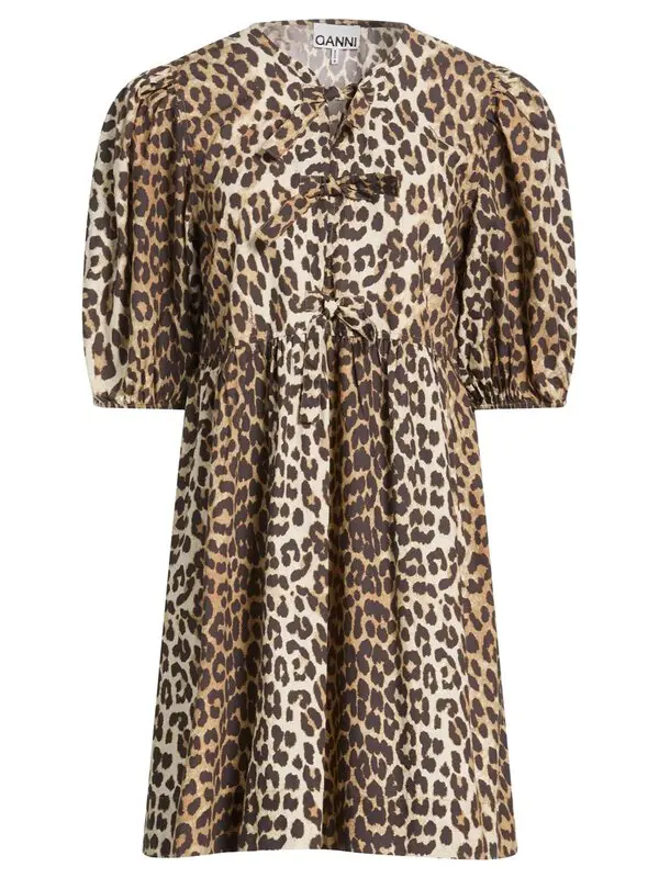 GANNI Leopard Print Short Sleeve Dress - Ivory