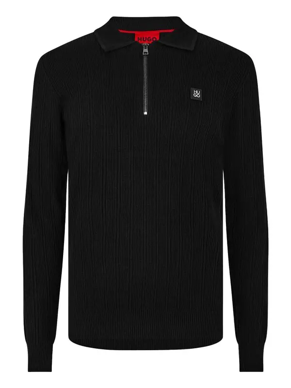 Hugo Boss Ribbed Knit Zip Up Polo Top - Black