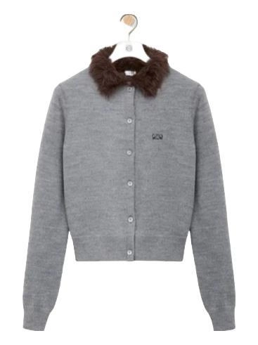 Loewe Wool Cardigan With Fur Collar - Gray