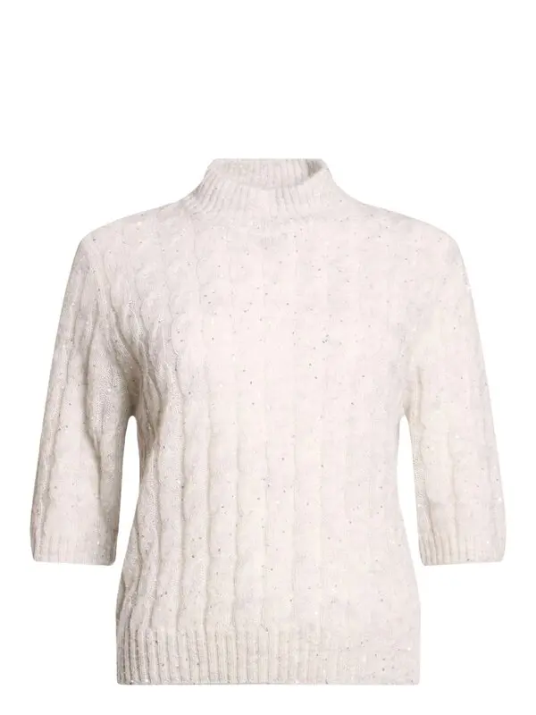 Brunello Cucinelli Mid-length Short-sleeve Knit Top With Cable Knit Texture And Sequin Embellishments - Grey