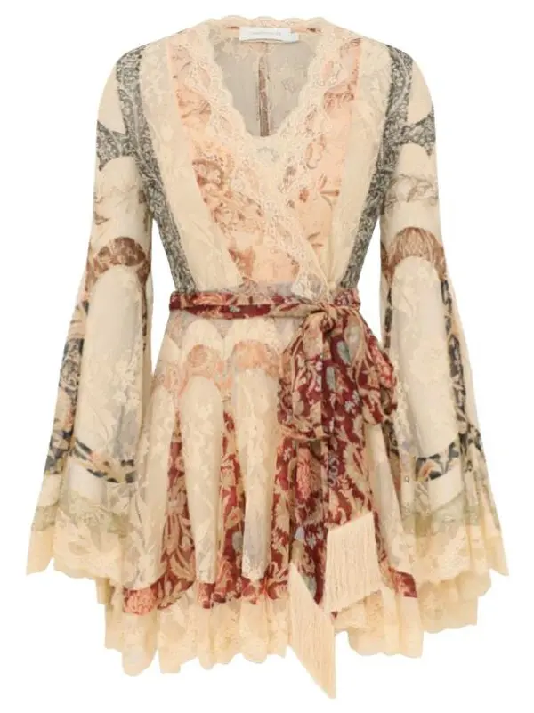 Zimmermann Lace Panel Wrapfront Bell Sleeve Mini Dress - Patchwork Floral