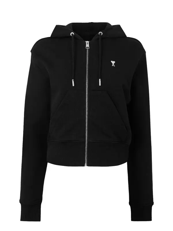 AMI Paris Cropped Full Zip Hooded Sweatshirt - Black