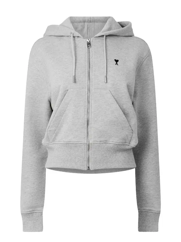 AMI Paris Cropped Full-zip Hooded Sweatshirt - Grey