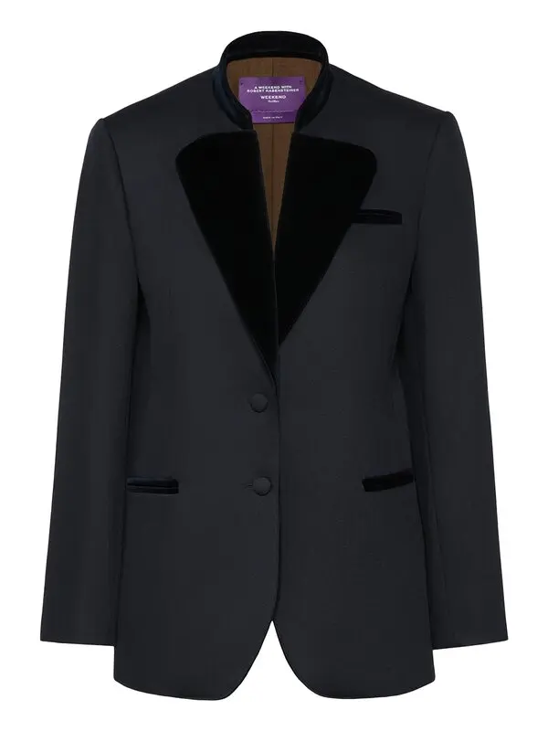 Max Mara Virgin Wool Blazer With Velvet Trim - Navy