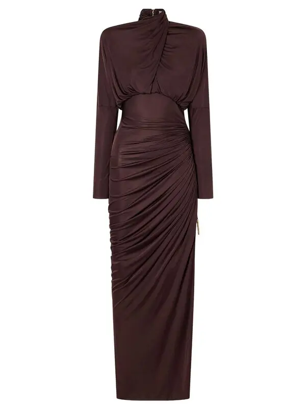 Balmain Draped Jersey Turtleneck Maxi Dress - Brown