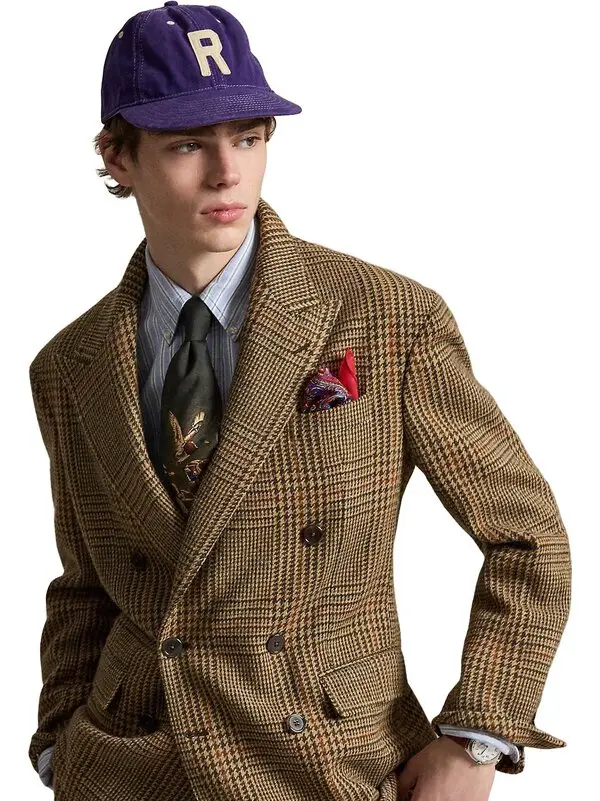 Ralph Lauren Heyworth Glen Plaid Wool Tweed Double Breasted Suit Jacket - Tan/brown