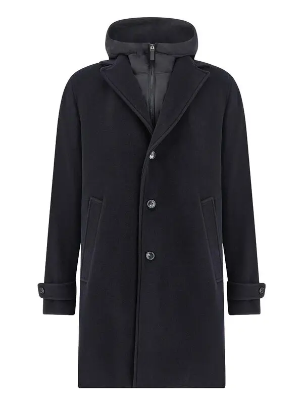 Paul & Shark 150's Wool Coat With Suede Inserts And Hood - Blue