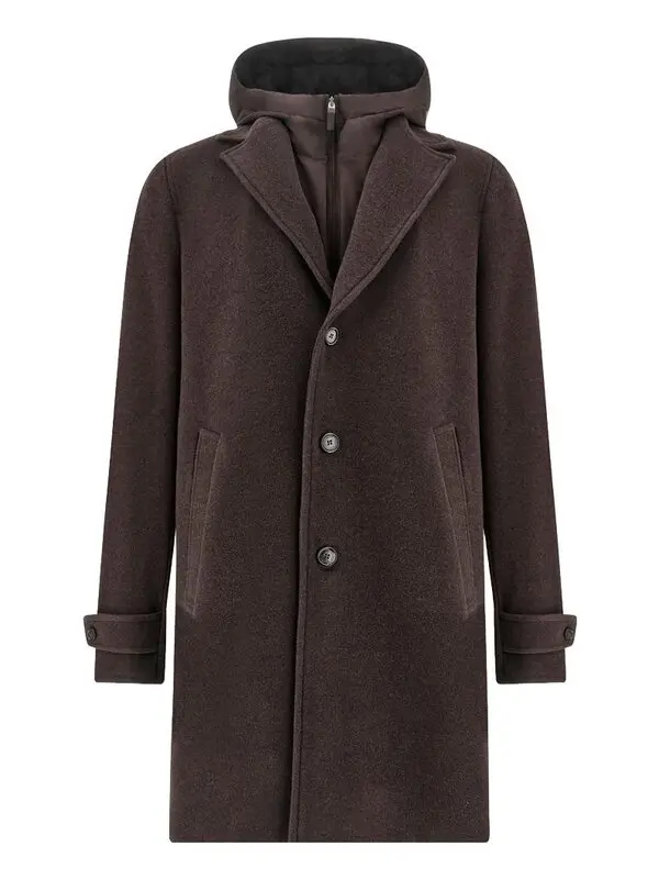 Paul & Shark 150's Wool Coat With Suede Inserts - Coffe