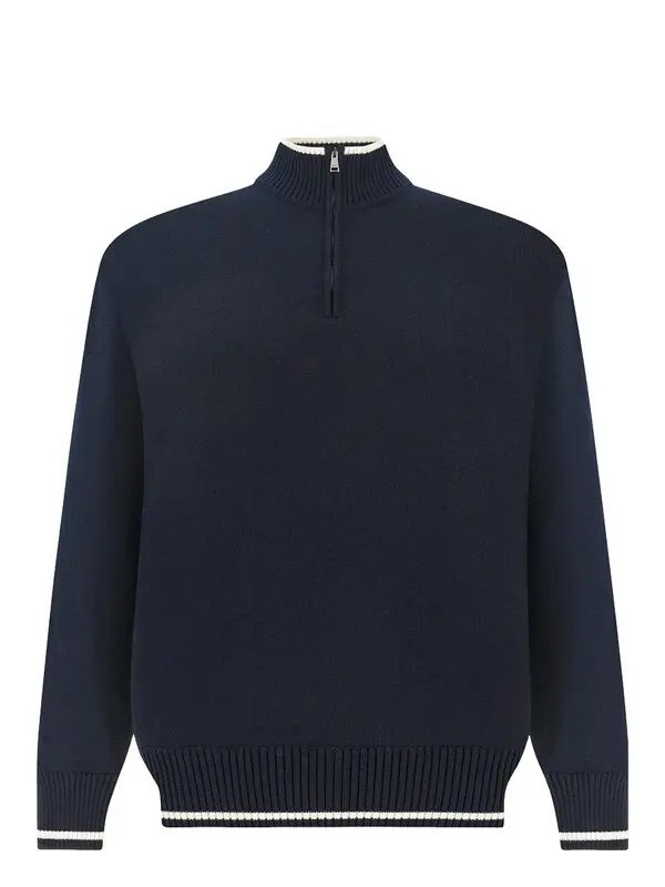 Paul & Shark Virgin Wool Half-zip Sweater With Striped Trim - Blue