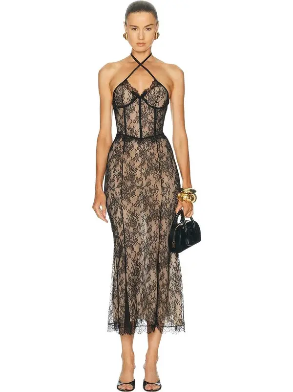 Alessandra Rich Chantilly Lace Bustier Evening Dress - Black
